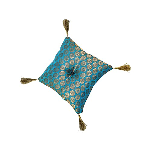 Cushion For Tibetan Singing Bowl Handmade Square Cushions Brocade Art Silk Home Decor Jewelry Display Pillow (5" x 5" Inch, Turquoise Blue)