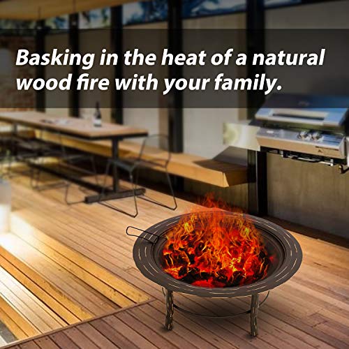 Fire Pit 28 Inch Outdoor Wood Burning BBQ Grill Firepit Bowl for Camping Picnic Bonfire Patio Backyard Garden Beaches Park with Carry Bag,Mesh Spark Screen Cover,Log Grate,Black