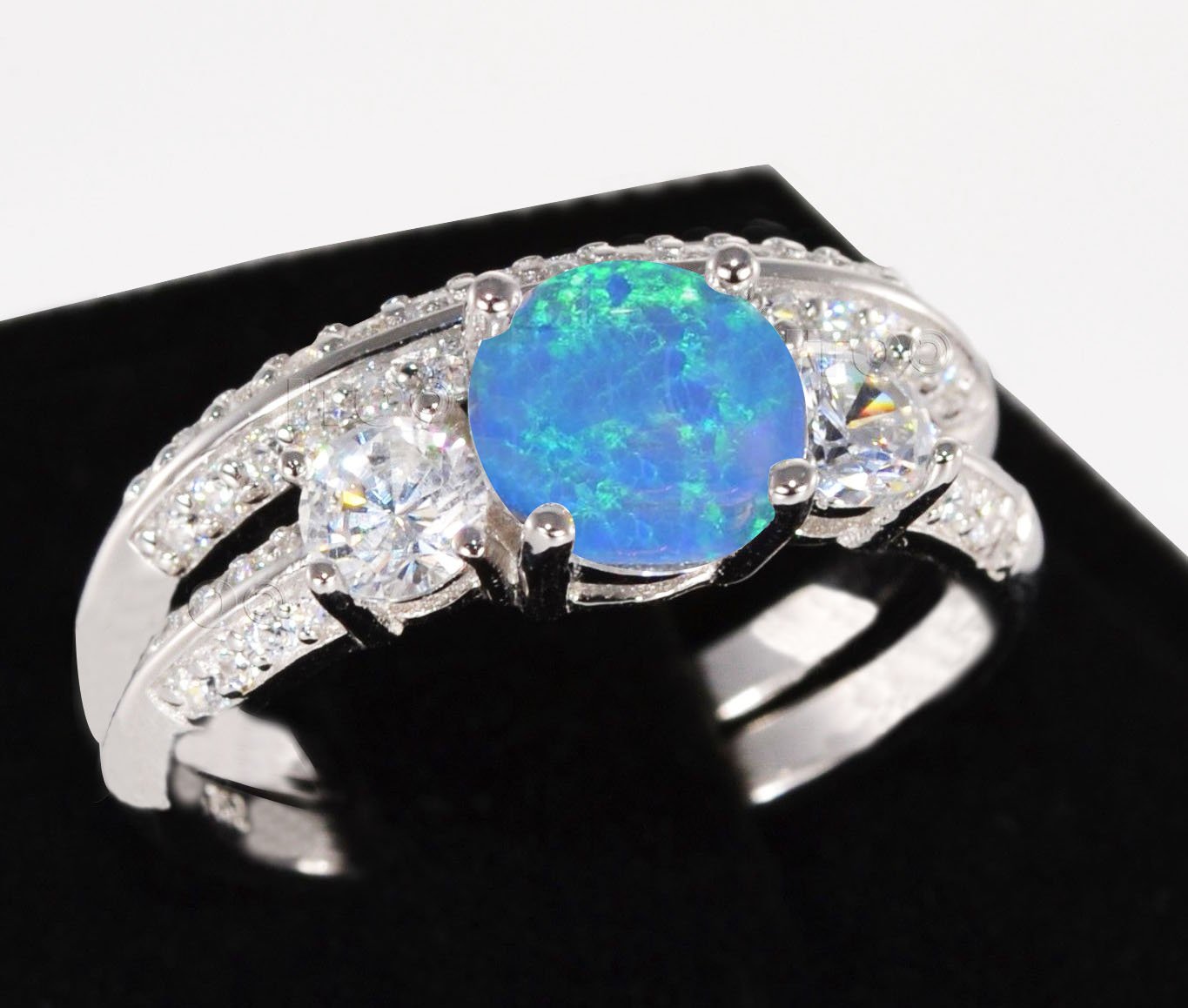 Bijoux Central Round Simulated Blue Fire Opal Dual Layered Clear CZ Wedding Engagement Genuine Sterling Silver Ring Set