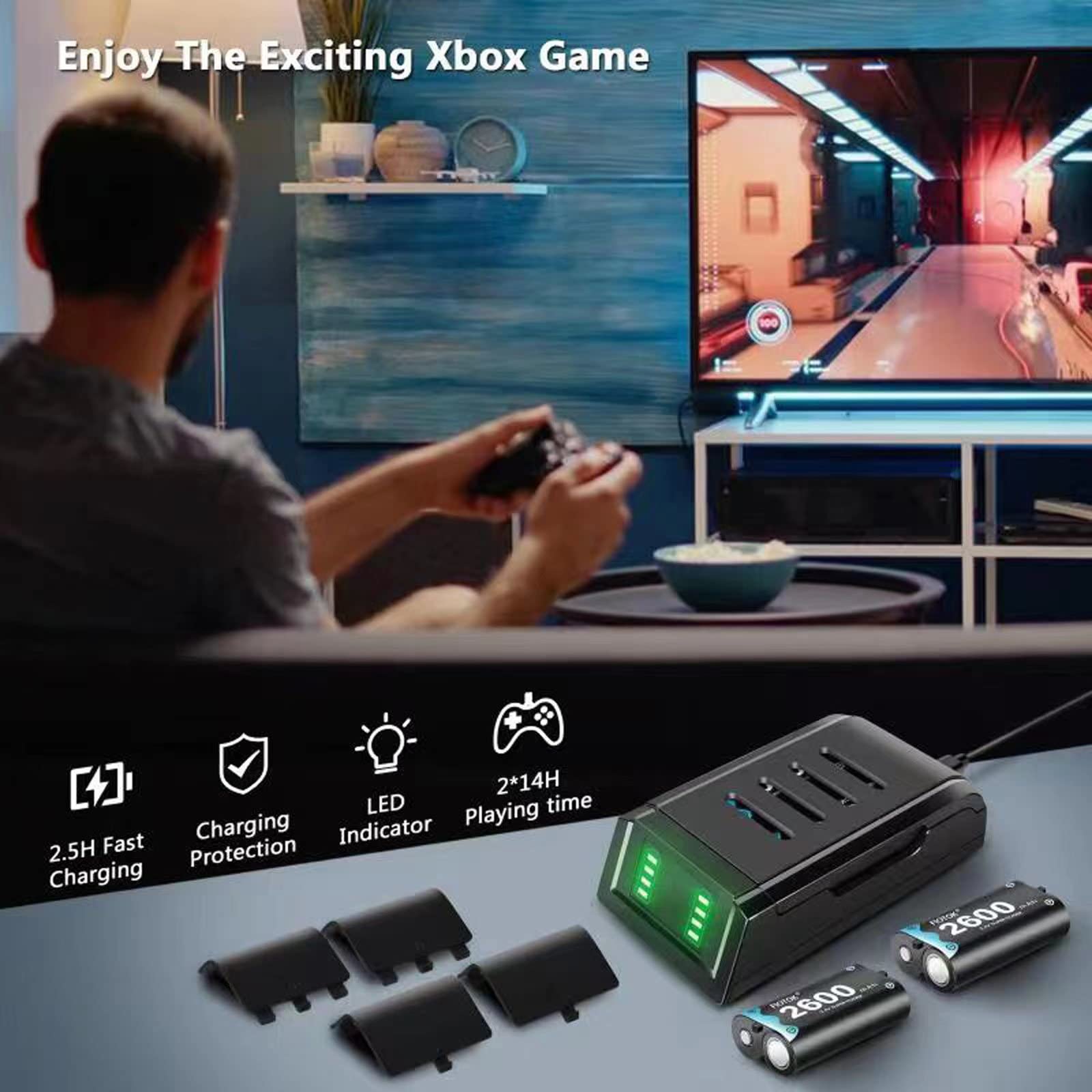 Charger for Xbox Controller Battery Pack, FIOTOK 2x2600 mAh High Capacity Xbox Rechargeable Battery Pack with Fast Charger Station, Led Indicator,4×Battery Cover for Xbox One/S/X/Elite/Series X|S
