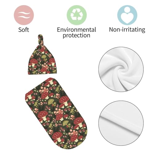 Cute Mushroom Newborn Swaddle Blanket with Beanie Set, Soft and Stretchy Baby Blanket Swaddle Sack for Boy and Girl Gift