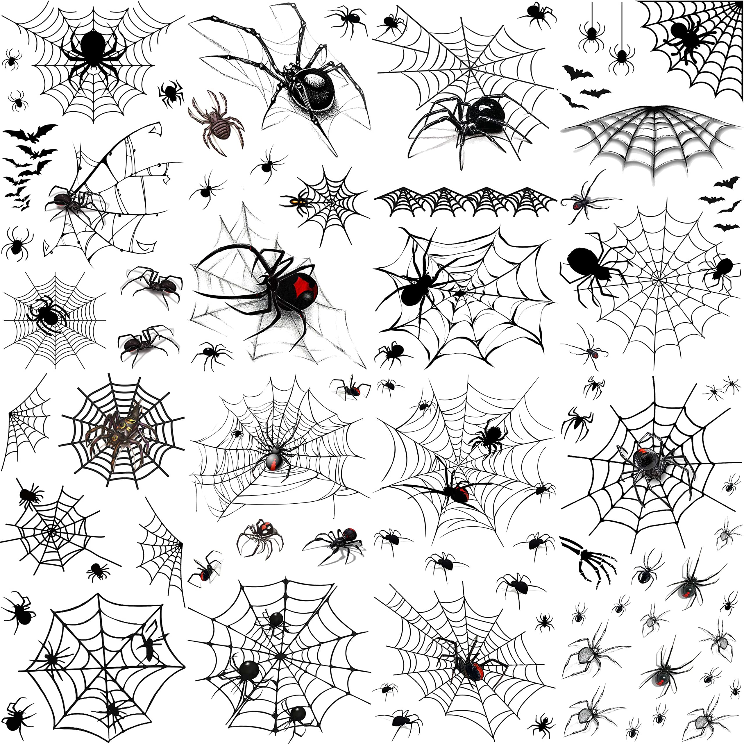 COKTAK 8 Sheets Large 3D Spider Web Temporary Tattoos Halloween Makeup Kit For Women Adults Realistic Witch Bat Zombie Fake Face Tattoos Sticker For Kids Men Adults Scary Halloween Decals Spiderweb
