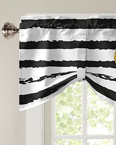 St Patrick's Gold Lucky Clover Leaves Tie Up Valance Curtain for Kitchen-Small Window Shade Valances Adjustable Rod Pocket Windows Treatment for Bathroom Black and White Stripes Line,1 Panel 42x18in