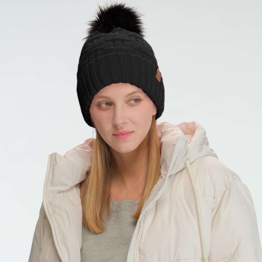 CC Beanie Fleece Lining Double Ribbed Basket Weave Knitted Stretch Pom Beanie Hat