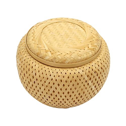Hemoton Woven Tea Basket Food Serving Baskets with Lid Woven Wicker Basket Round Woven Wicker Basket Log Color