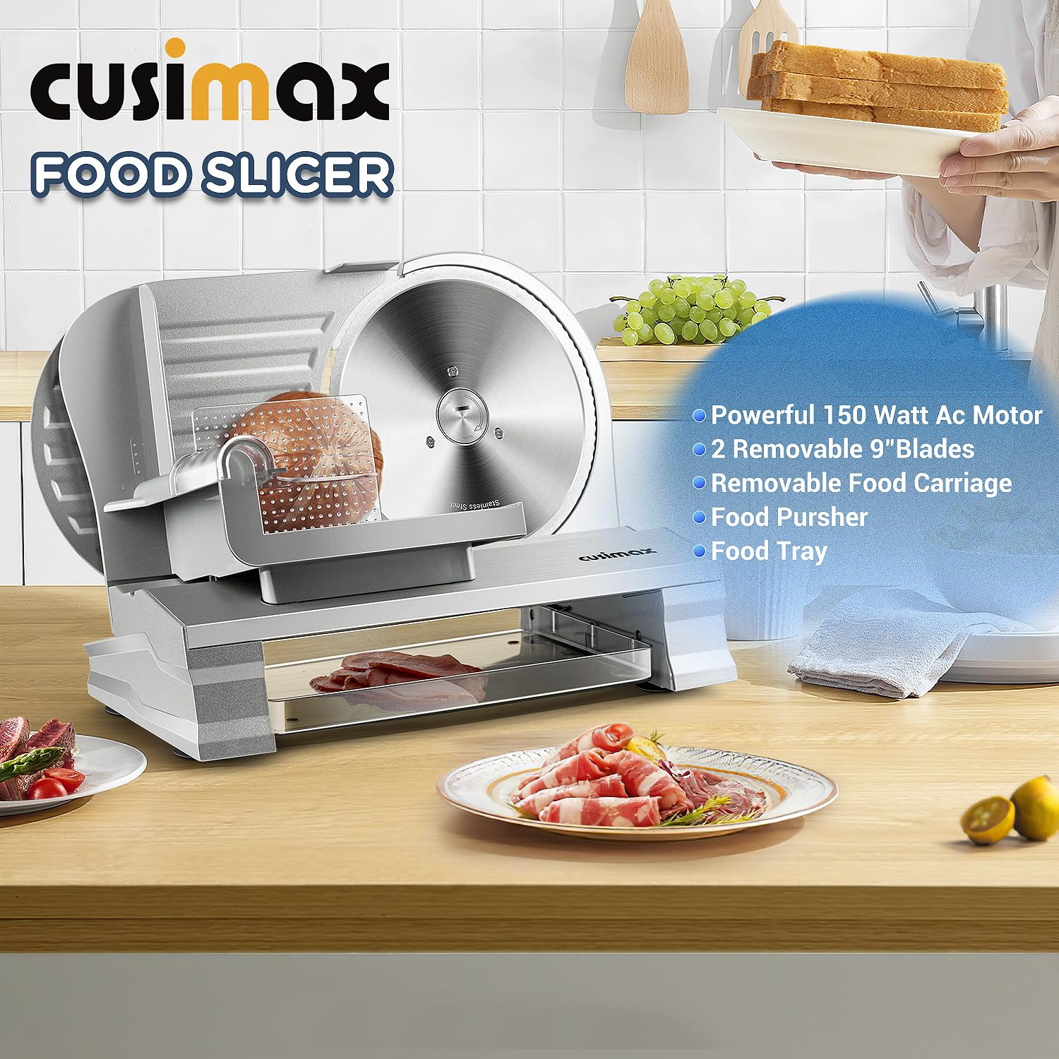 CUSIMAX Meat Slicer for Home with 1-20mm Adjustable Thickness,Electric Deli Slicer for Food Tray,Two 9" Stainless Steel Blades and Removable Food Carriage,Easy for Cut all Foods