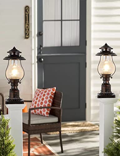 Dusk to Dawn Post Lights Outdoor Photocell Sensor Rustic Pole Mount Lanterns with Pier Mount Adapter Oil Rubbed Brown with Crackle Glass Waterproof Pillar Lights for Patio, Garden, Porch and Backyard