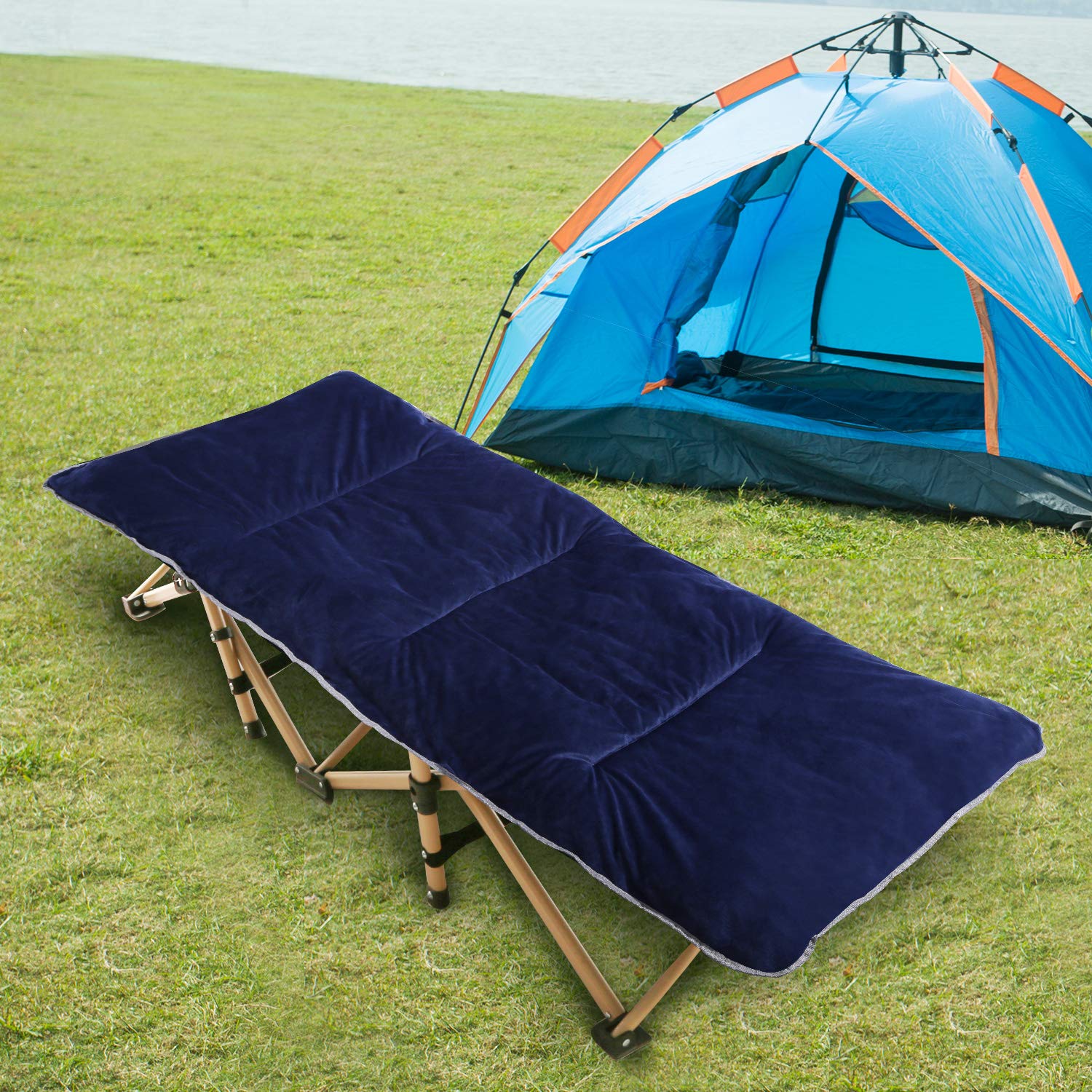 CAMPMOON XL Cot Pads for Camping, Comfortable Thicker Cotton Sleeping Cot Mattress Pad for Adults with Waterproof Bottom, Suitable for Outdoor Indoor, Navy Blue