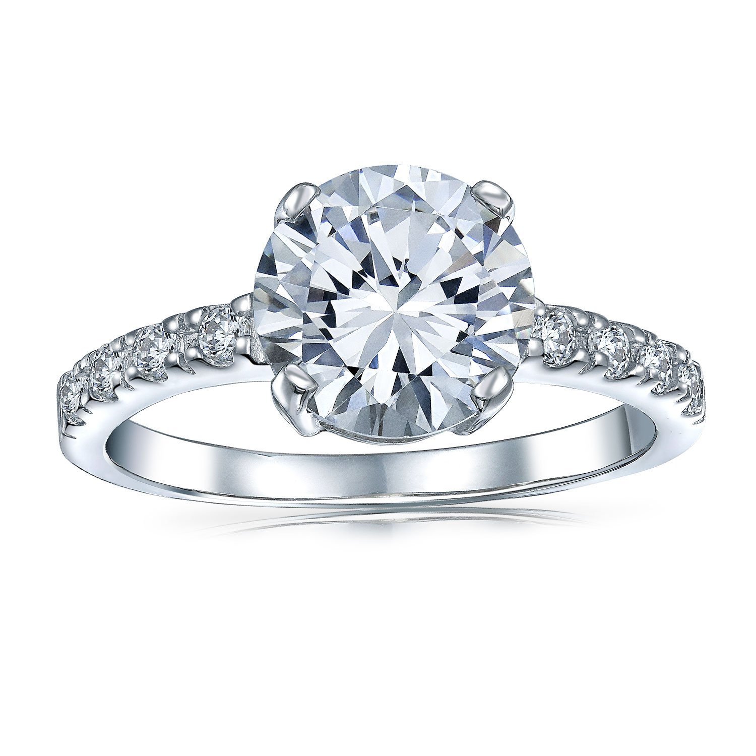 Bling Jewelry Personalize 4CT AAA CZ Round Brilliant Solitaire Engagement Ring For Women .925 Sterling Silver Cubic Zirconia Pave Side Stone 2MM Band Customizable