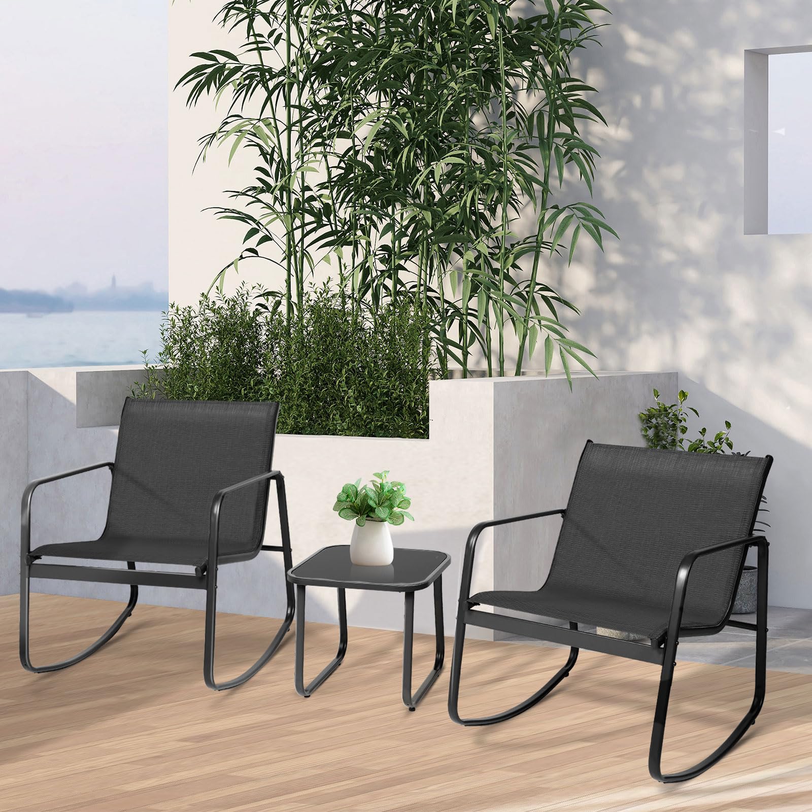 Incbruce Patio 3 Pieces Rocking Bistro Set, Textilene Outdoor Furniture Set with 2PCS Rocking Chair & Glass Coffee Table, Classic Black