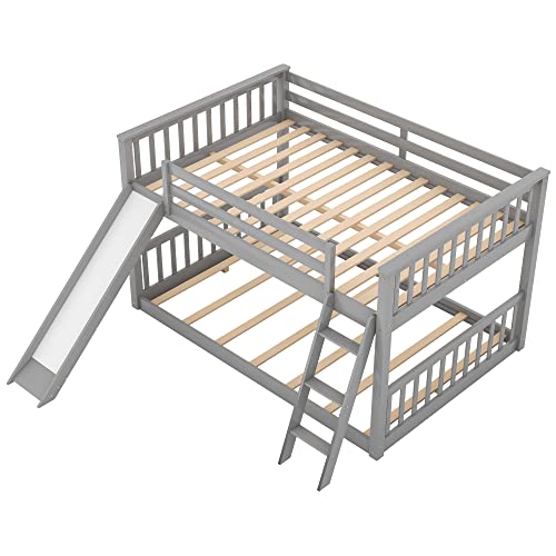 GLORHOME Full Over-Full Wood Bunk Bed with with Convertible Slide and Ladder, Solid Slat Support Bedframe for Kids Teens Bedroom, No Box Spring Needed, Grey