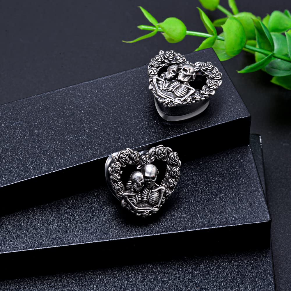 COOEAR Heart Ear Plugs Stainless Steel Tunnels Flared Shape Gauges Skull Stretcher Expander Earrings Size 0g to 1 inch.