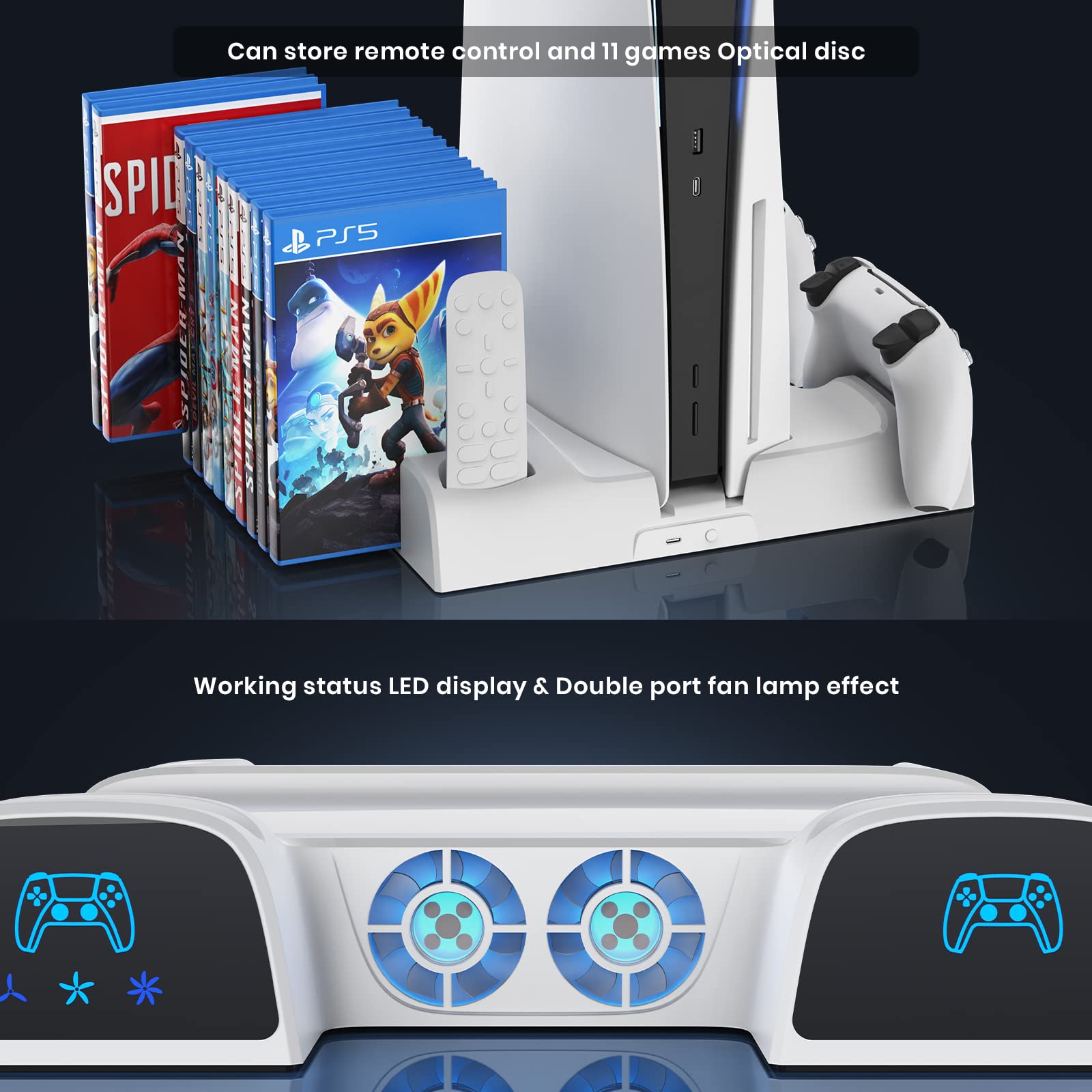 CODOGOY PS5 Stand with 2 Cooling Fan + Controller Keyboard with Backlight for Playstation 5