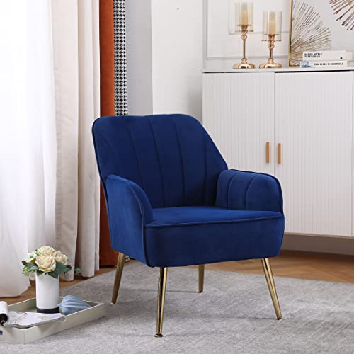 Goujxcy Modern Accent Chair, Velvet Living Room Chair, Club Chair Upholstered Tufted Decorative Reading Chair, Corner Side Chair, Vanity Chair for Bedroom, Living Room (Navy Blue)