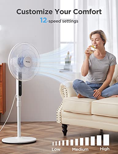 PELONIS 16" Oscillating Pedestal Stand Up Fan | Adjustable Height | Ultra Quiet DC Motor | Remote Control | 12 Speed | 12-Hour Timer | High Energy Efficiency | for Bedroom Home Office Use | White