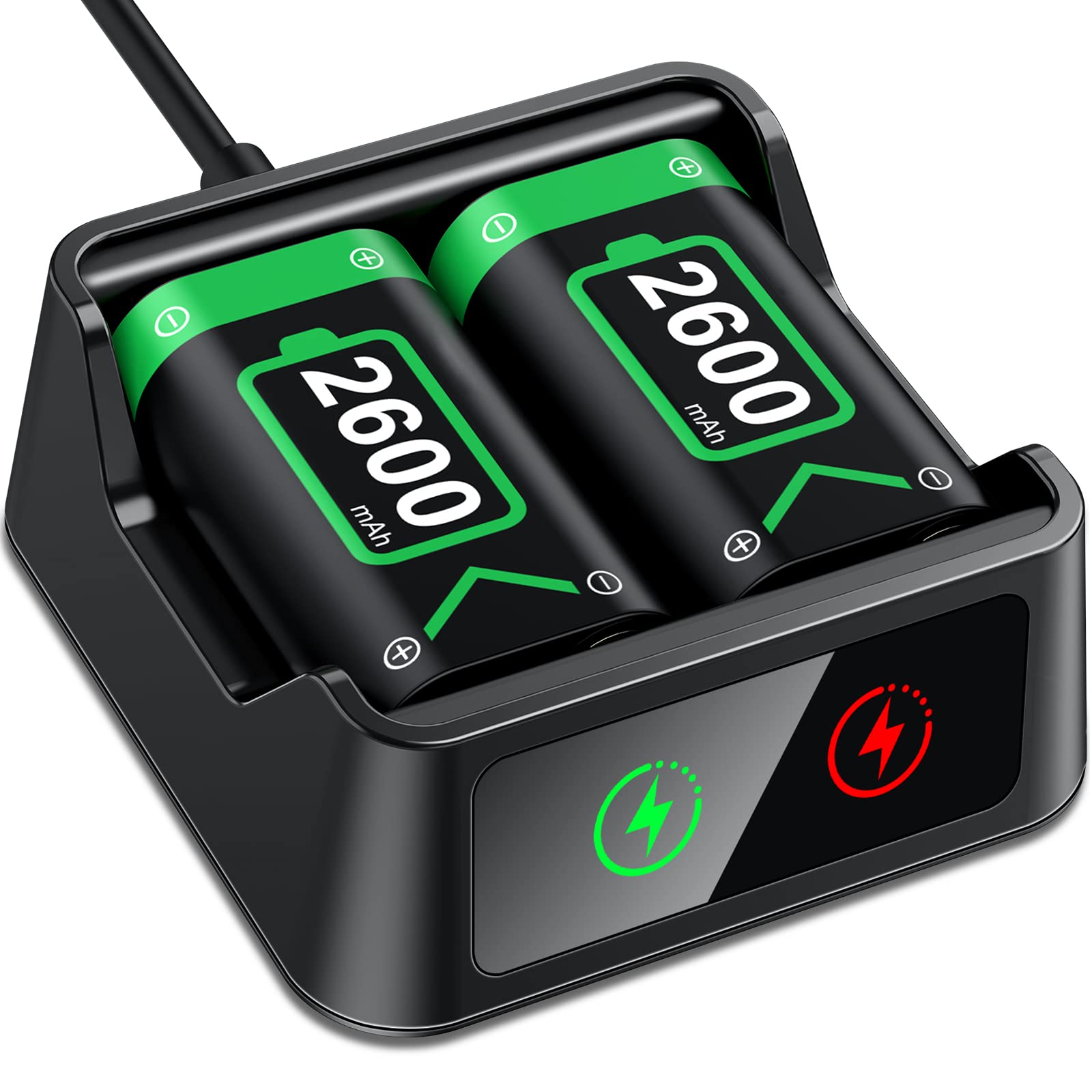 Charger with Xbox One Controller Battery Pack, 2x2600 mAh Rechargeable Battery Pack for Xbox Series X|S/Xbox One/Xbox One S/X/Elite Controllers, Charger Station for Xbox One Rechargeable Battery Pack