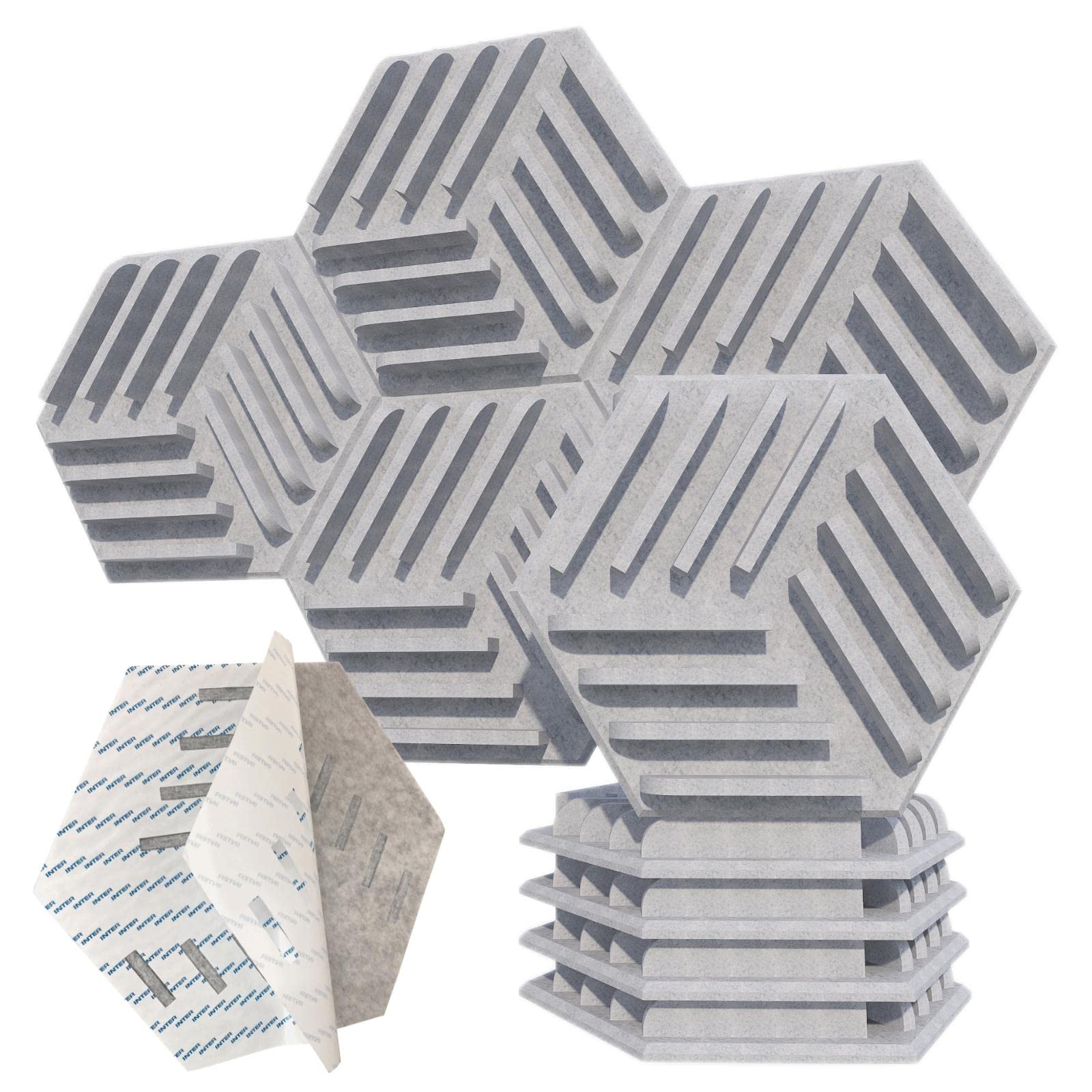 CALMTHINK 3D Hexagon Acoustic Sound Proof Padding Self-adhesive Art Decor Sound Dampening Panels,4 Group Packing,Studio Diffuse Treatment Tiles for Wall & Ceiling Decor (Silver Gray)