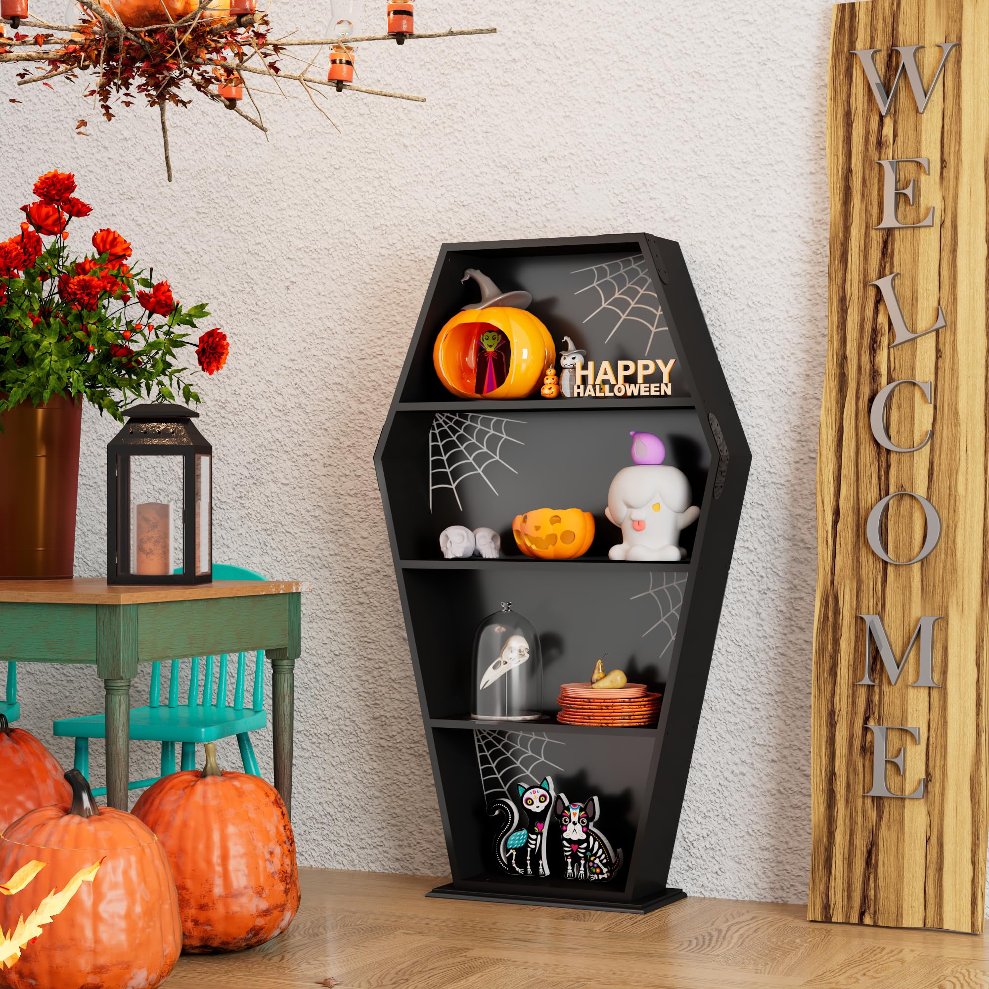 Eostbe Halloween Goth Coffin Bookshelf 48’’H - Wood Tall Coffin Shelf with Spider Web Gothic Decor,Crystal Shelf for Display, Black Spooky Curio Shelf for Home Decor, Witchy Room Decor for Oddities