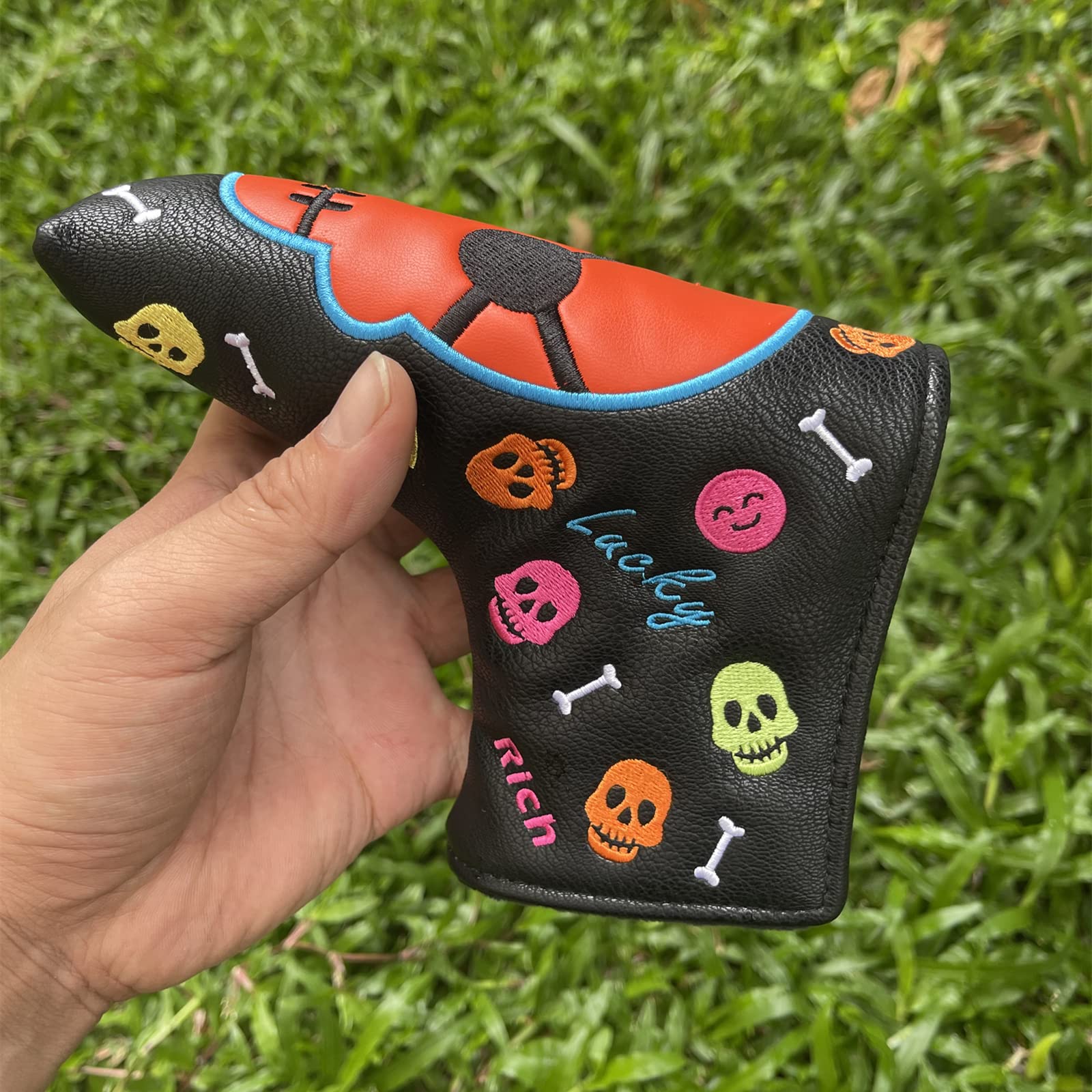 CALONG Calong Golf Putter Headcover Black Skull Blade Style Putters Cover with Velcro Golf Club Head Cover , Black/Orange