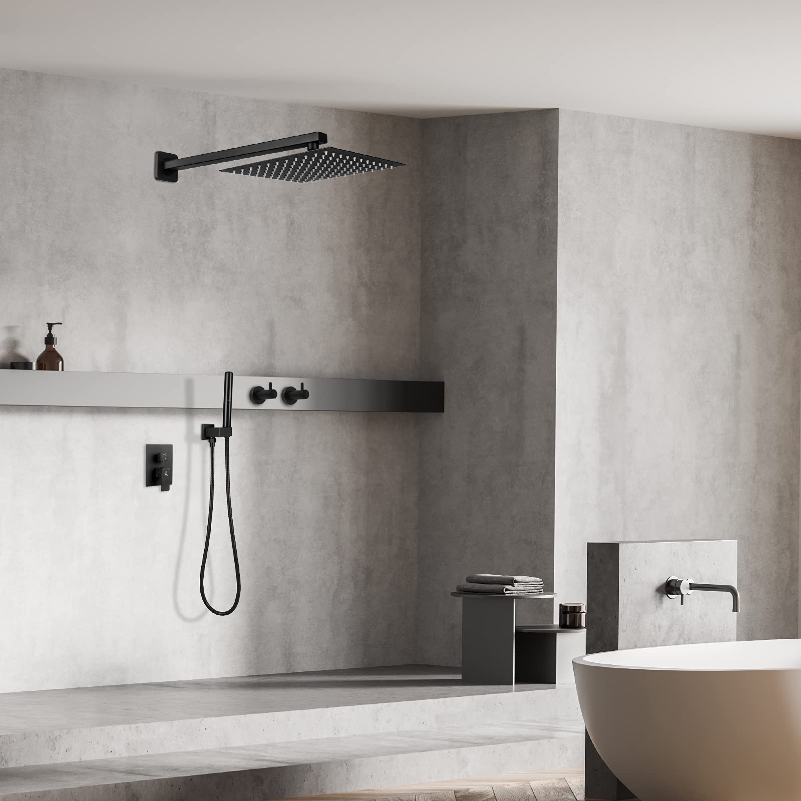 BURCHAIN Shower System Bathroom Luxury Shower Faucet with 10 Inches Wall Mounted Rain Shower Head 2 in 1 Handheld Shower Head and Trim Include(Matte Black)