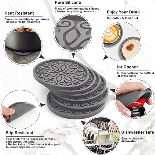 Qusum Coasters for Drinks,Resistant Reusable Silicone Coasters with Holder,Set of 6 - Great Gift for Birthday, Housewarming, Room Decor, Holiday Party, Bar Coasters(Grey), 1grey