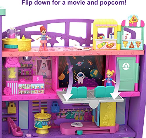 Polly Pocket Playset with 3 Micro Dolls, 1 Toy Car, Food and Shopping Accessories, Pollyville Mega Mall Toy