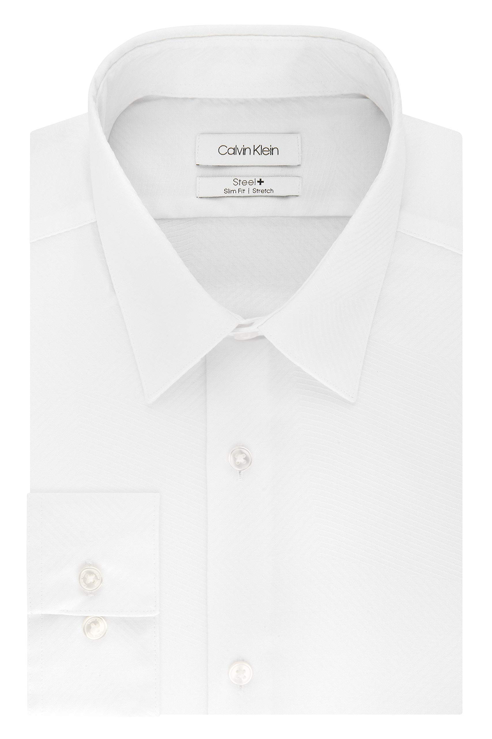 Calvin Klein Men's Dress Shirt Slim Fit Non Iron Stretch Solid, White, 15.5" Neck 32"-33" Sleeve