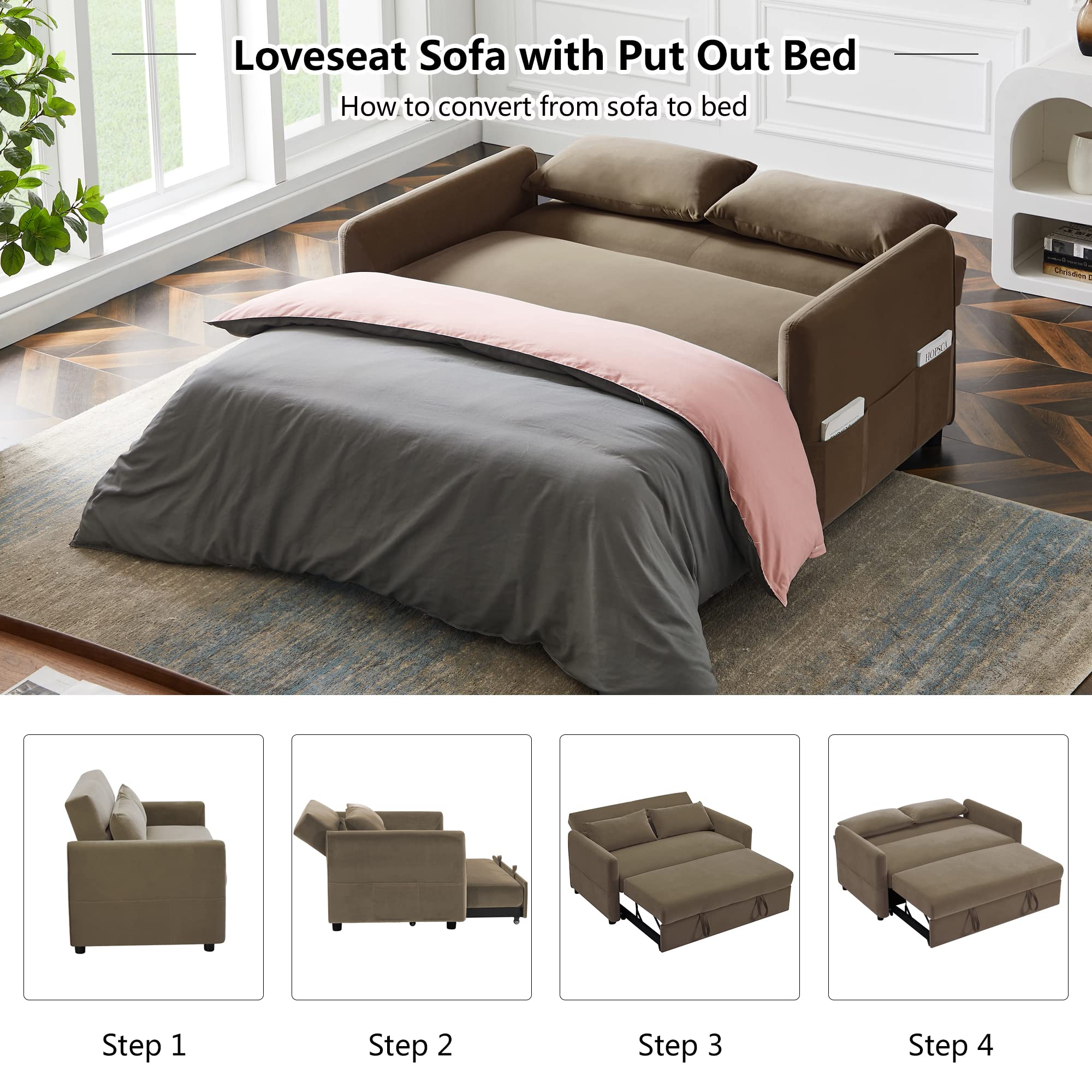 HUMEHA 57" Convertible Sleeper Sofa Bed, 3 in 1 Upholstered Velvet Loveseat Sofa with Put Out Bed, Modern 2 Seats Couch with Adjustable Back, 2 Pillows Side Pocket for Living Room RV, Brown