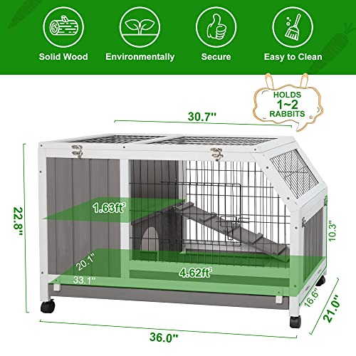 Gowoodhut Rabbit Cage On Wheels Outdoor Rabbit Hutch with Ramp, Pull Out Tray Indoor Wooden Guinea Pig House Bunny Hutch for for 1-2 Rabbit Guinea Pig Hedgehogs (GREYWHITE)