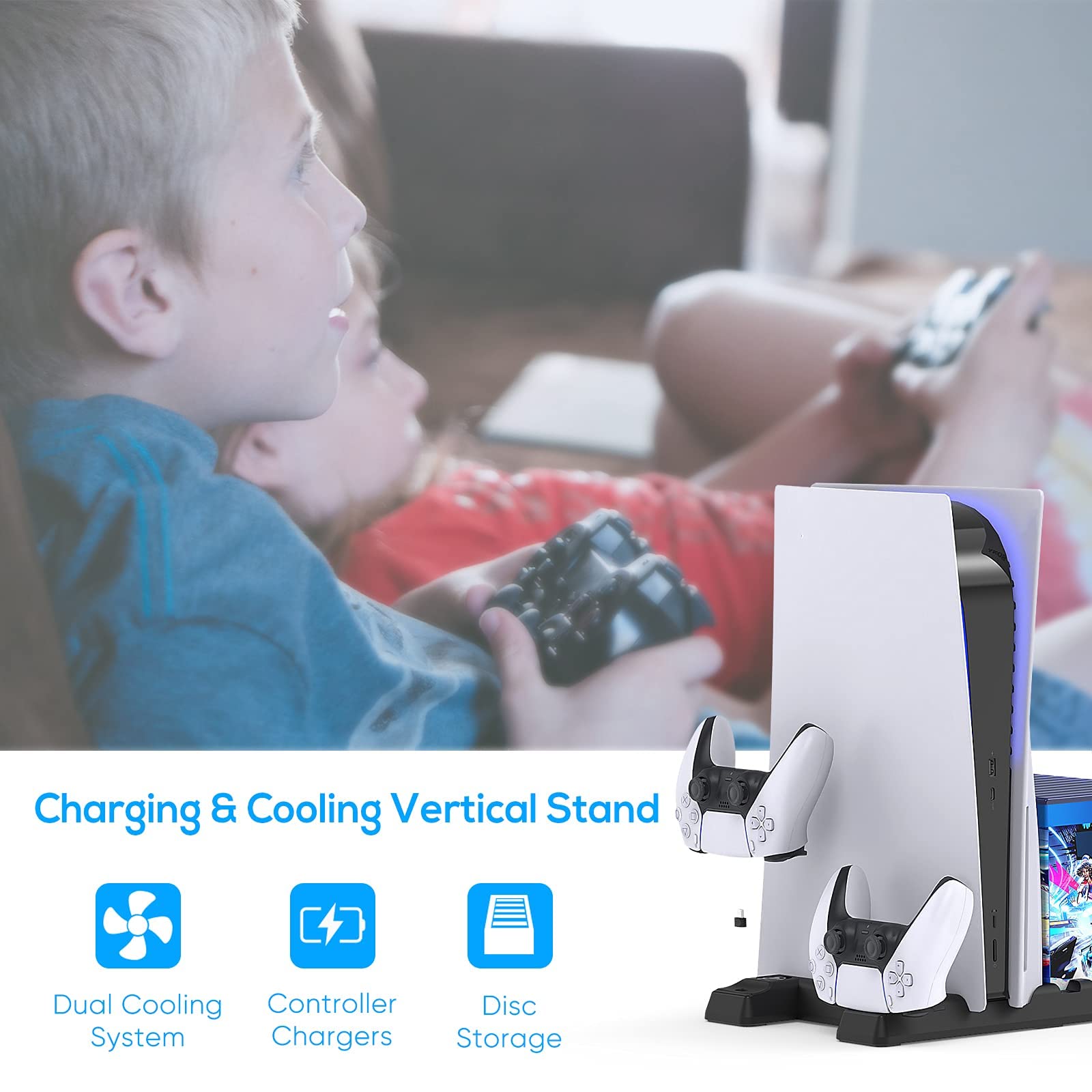 Charging Stand with Cooling Fans for PS5 Disc/Digital Edition Console, Dual Controllers Charger, Built-in 11 Game Rack Organizer