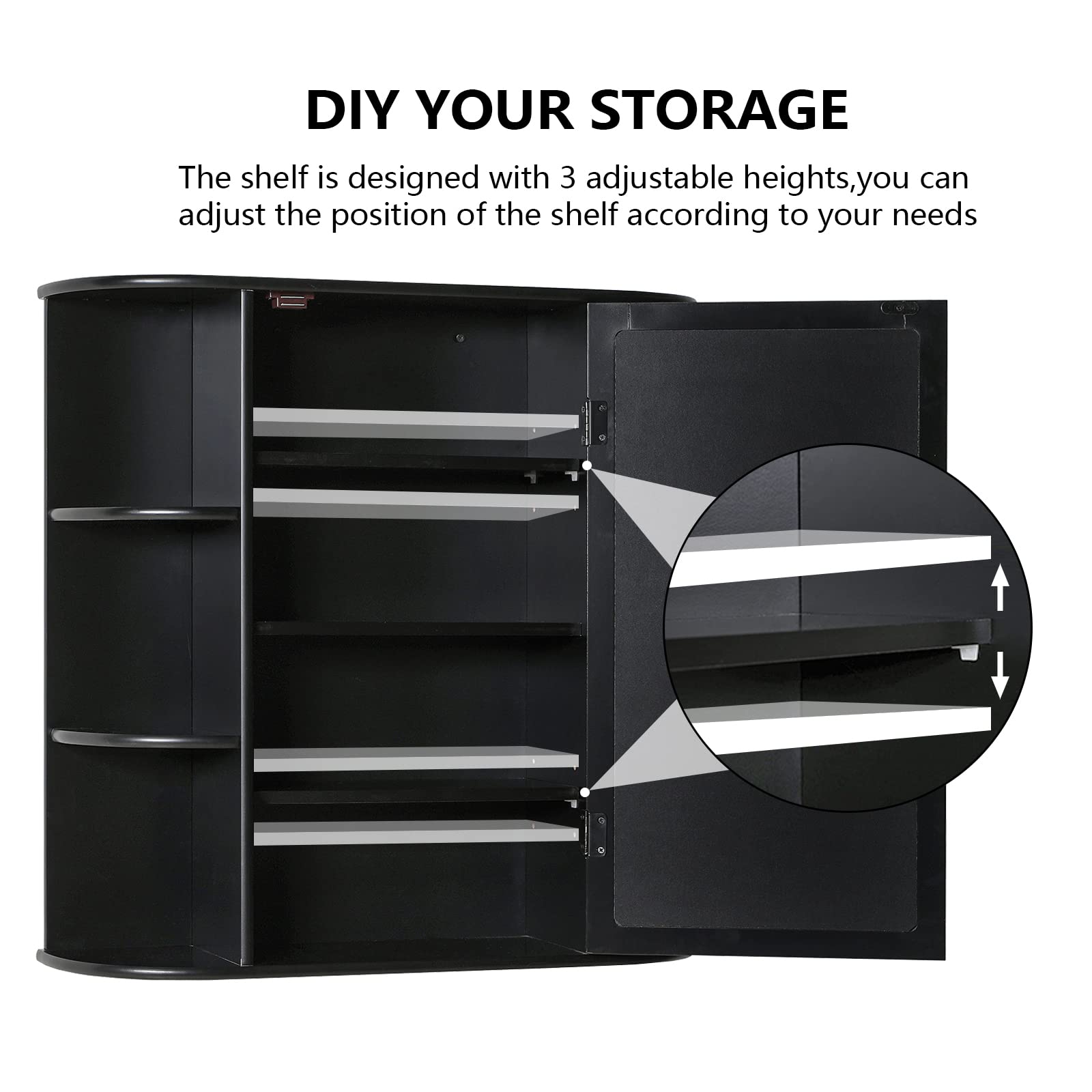 Iwell Bathroom Medicine Cabinet with Mirror, Bathroom Wall Cabinet with 2 Adjustable Shelves & 6 Open Shelves, Bathroom Cabinet Wall Mounted, Over The Toilet Space Saver Storage Cabinet, Black