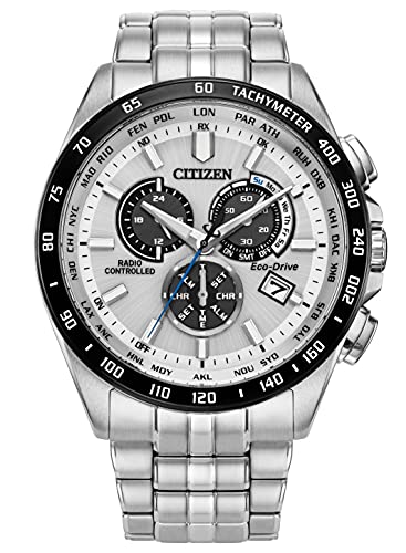 Citizen Men's Eco-Drive Sport Luxury Atomic Time Keeping Chronograph Watch Stainless Steel, White Dial (Model: CB5874-57A)