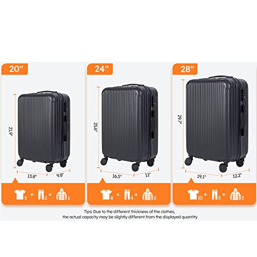 Fujampe 3 Piece Luggage Set Lightweight Hardshell Suitcases 20", 24", 28" Durable PC+ABS Hardside Luggage Sets, Double Spinner Wheels, TSA Lock Ideal for Travel - Black