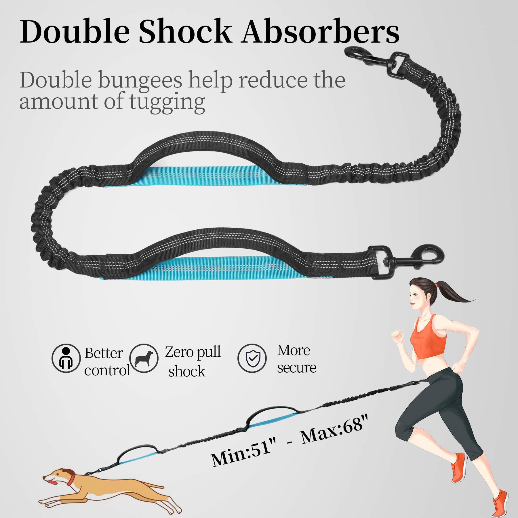 iYoShop Hands Free Dog Leash with Zipper Pouch, Dual Padded Handles and Durable Bungee for Walking, Jogging and Running Your Dog (Large, 25-120 lbs, Black)
