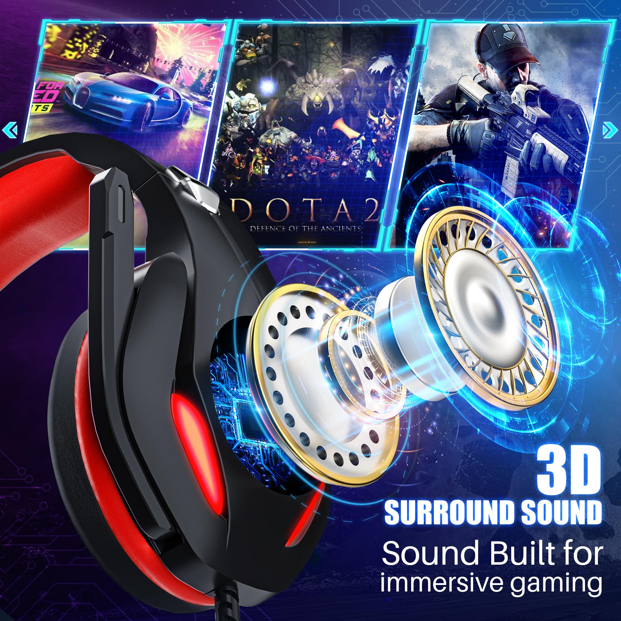 Stynice Gaming Headset for PC, PS4, Xbox One, Laptop, Crystal Clear Surround Sound Computer Gamer Headset with Noise Canceling Mic and LED Light - Lightweight and Comfortable Gaming Headphone