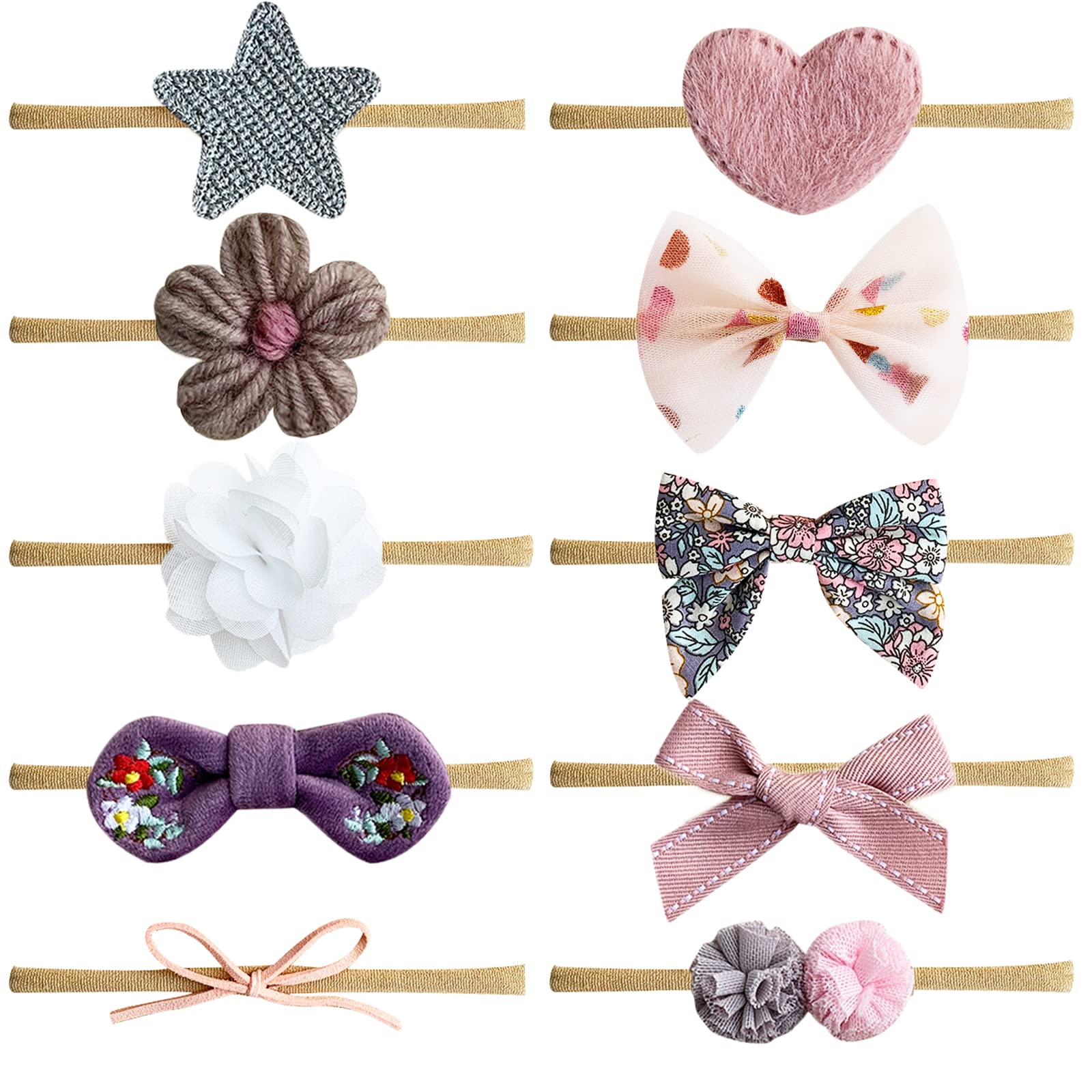 Limpioskie Bows Headbands for Baby Girls, Girl Headbands with Bows Pack of 10, Nylon Headbands for Baby Girls, Toddler Girls, Newborn Infant(Purple)