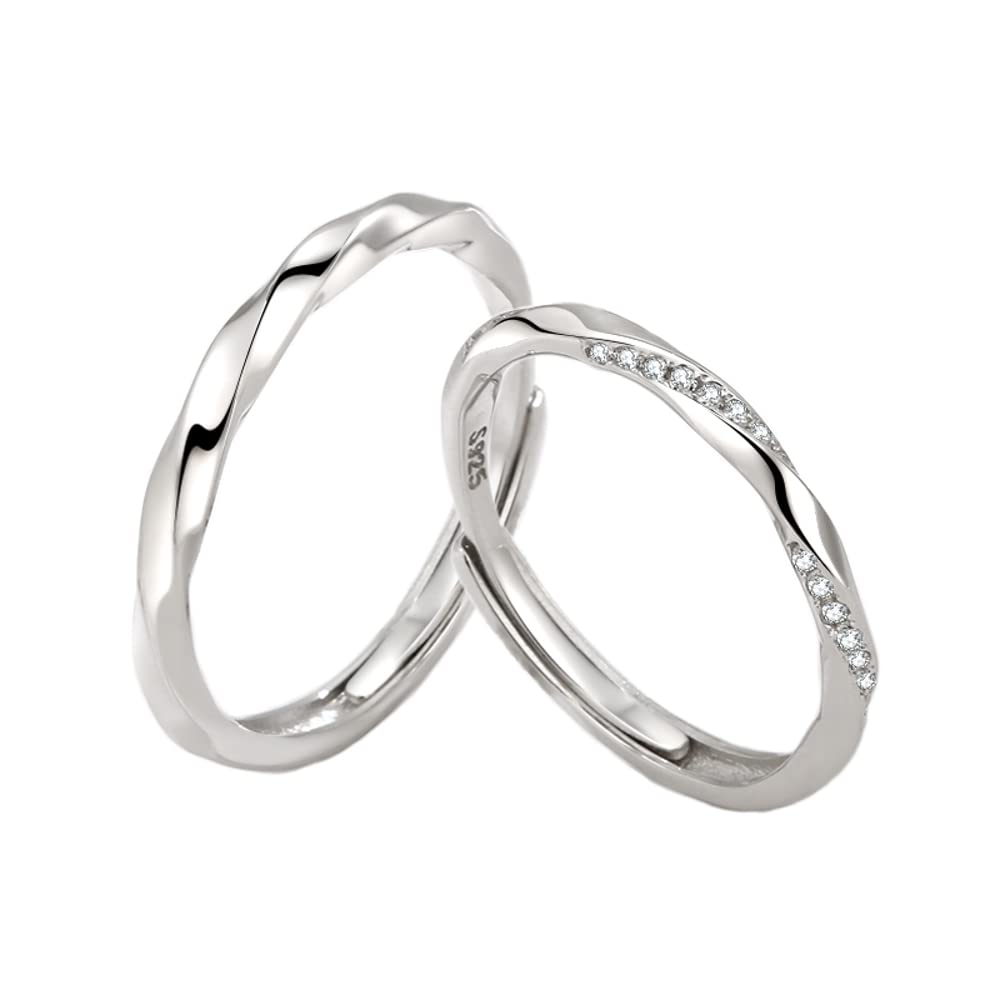 Cathay Select [New] Sterling Silver 925, Couple Rings Set, Adjustable Rings, Engagement Wedding Lovers Promise Rings
