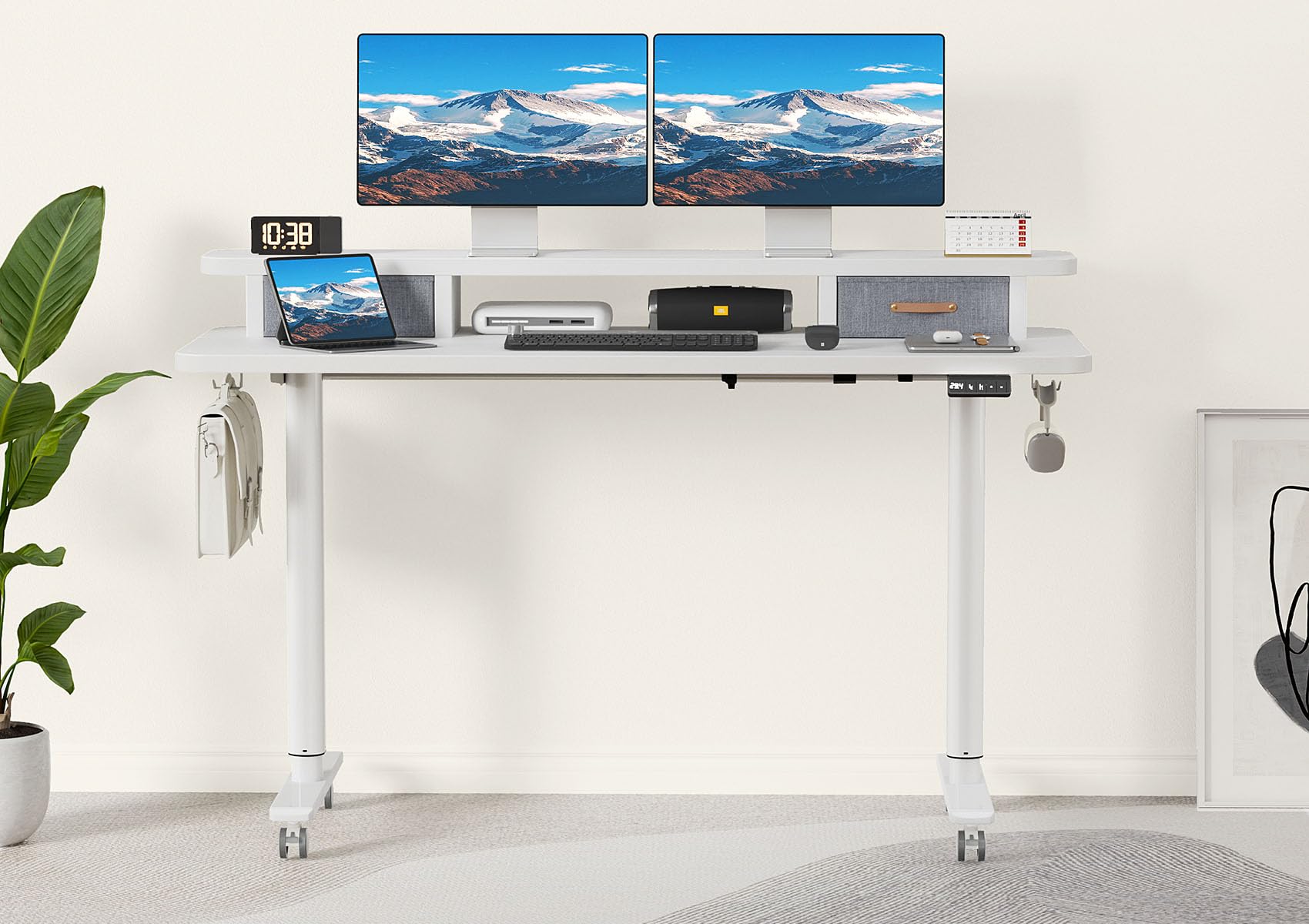Flycity Electric Standing Desk with Dual Drawers, 55" x 24" Height Adjustable Desk Sit Stand Desk with Memory Controller, Casters & 2 Hooks, Ergonomic Low Noise Home Office Desk, White