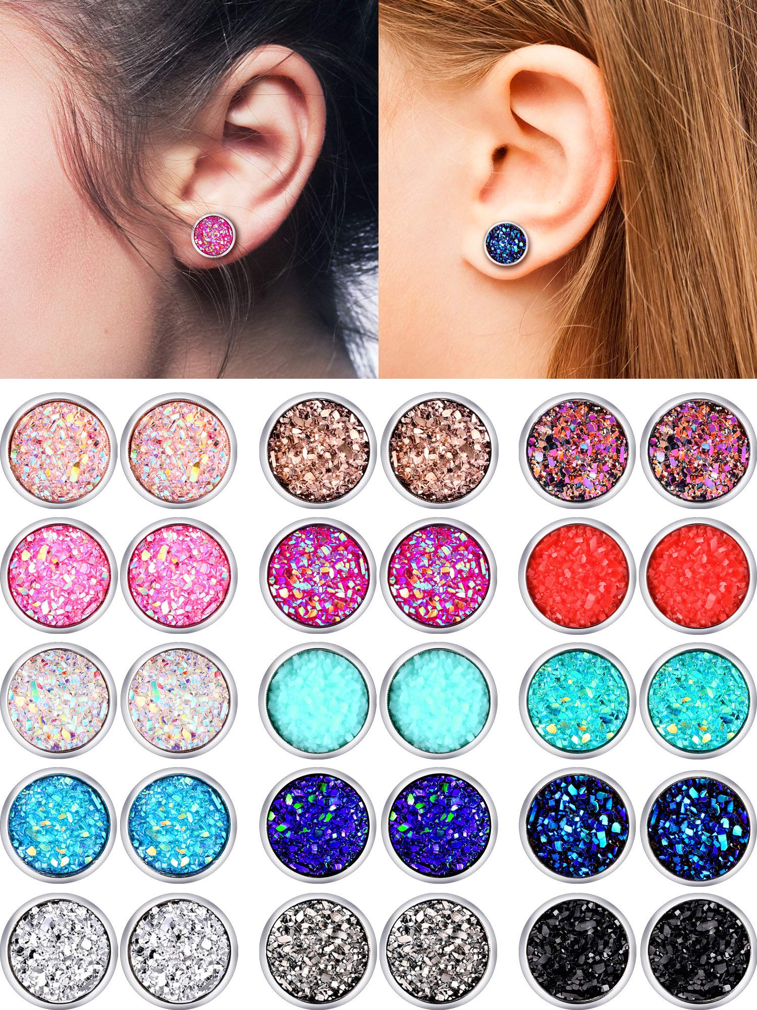 Boao 15 Pairs Druzy Stud Bulk Earrings Set Stainless Steel Round post Earrings Bohemian Pierced Earrings Jewelry for Women (8.0 Millimeters)