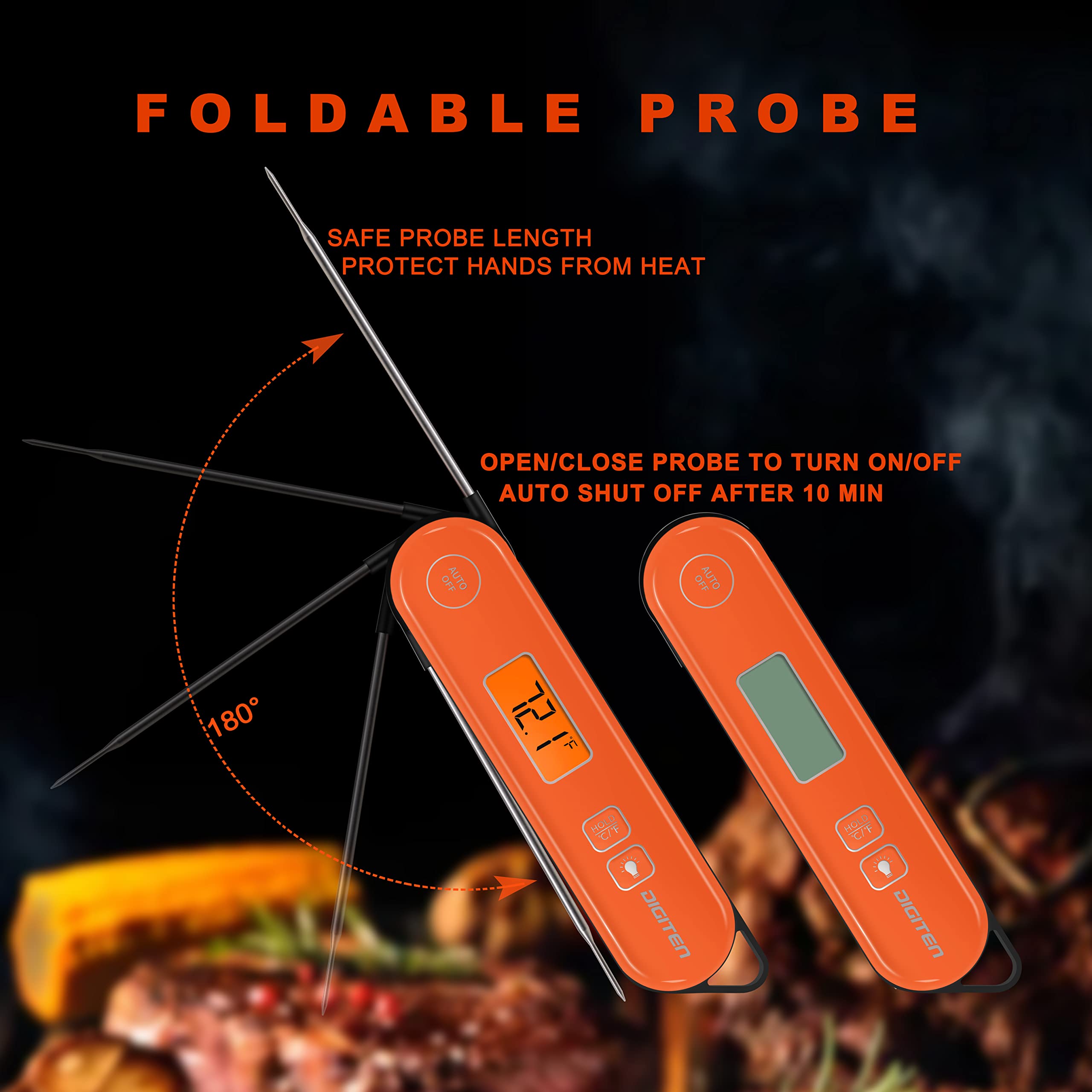 Digital Instant Read Meat Thermometer, Waterproof Foldable Probe, for BBQ, Kitchen, Food Cooking, Candy Making, Deep Fry, Grill, Cheese Making and Roast Turkey, Orange