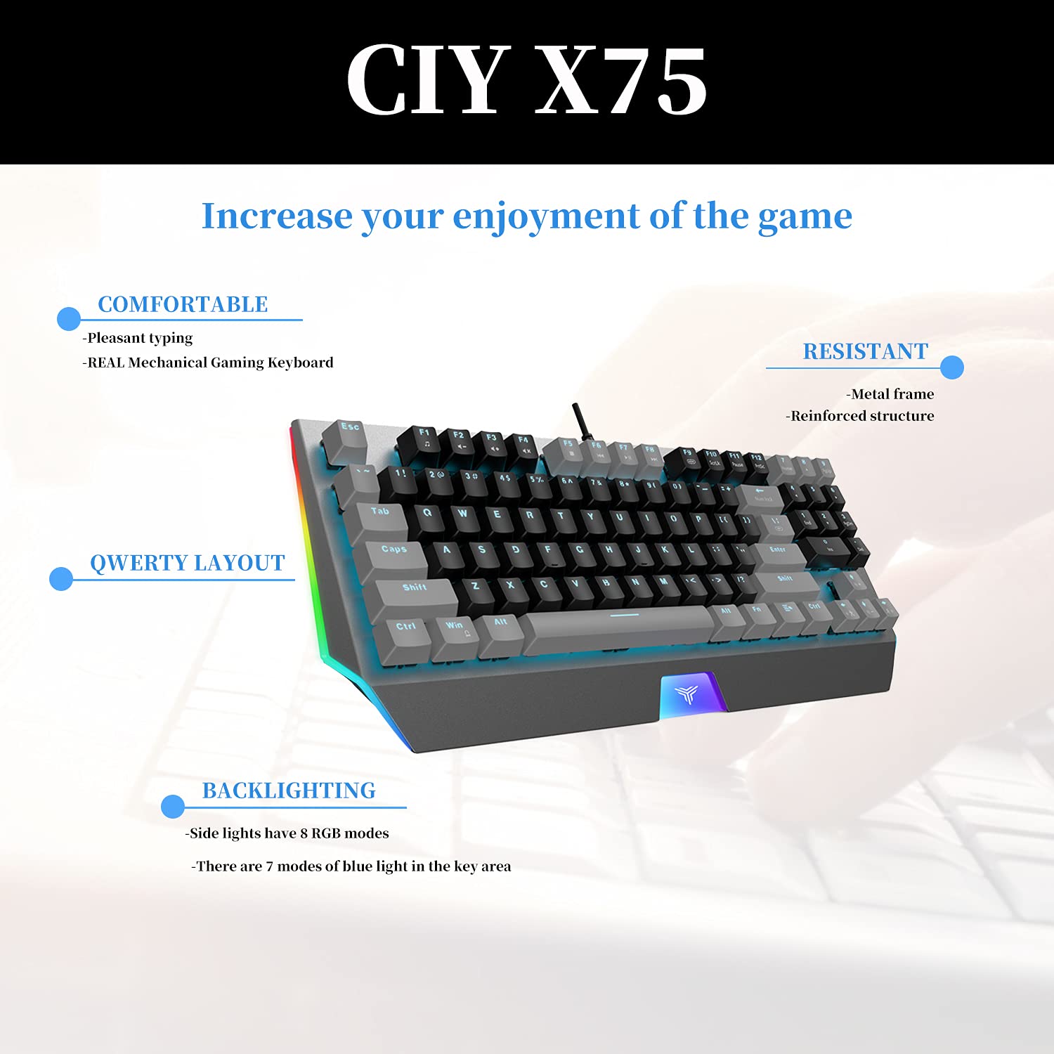 CIY Mechanical Gaming Keyboard, RGB Backlit Ultra-Compact 89 Keys Gaming Keyboard with Hot-Swappable Switch and Stand-Alone Arrow/Control Keys/Number Keys (Optical Switches)