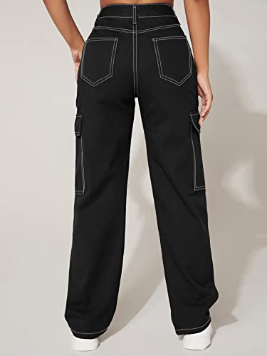 MakeMeChic Women's Cargo Jeans High Waist Flap Pocket Straight Leg Denim Pants Black Petite Petite M