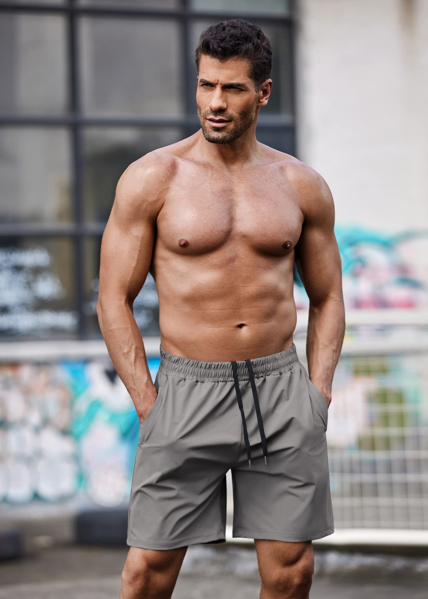 COOFANDY Mens 5 Inch Athletic Running Shorts 2 Pack Quick Dry Gym Workout Shorts Lightweight with Pockets Khaki/Light Grey, 2XL