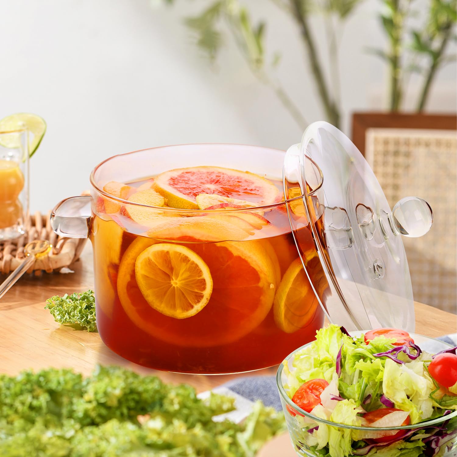 Glass Cooking Pot with Lid and Serving Bowl Set (64OZ/1.9L) - Durable Glass Simmer Pot for Stove Top - Clear Pots for Cooking, Potpourri, Pasta, Soup, Ramen, ect (Comes with Silicone Trivet Mat)