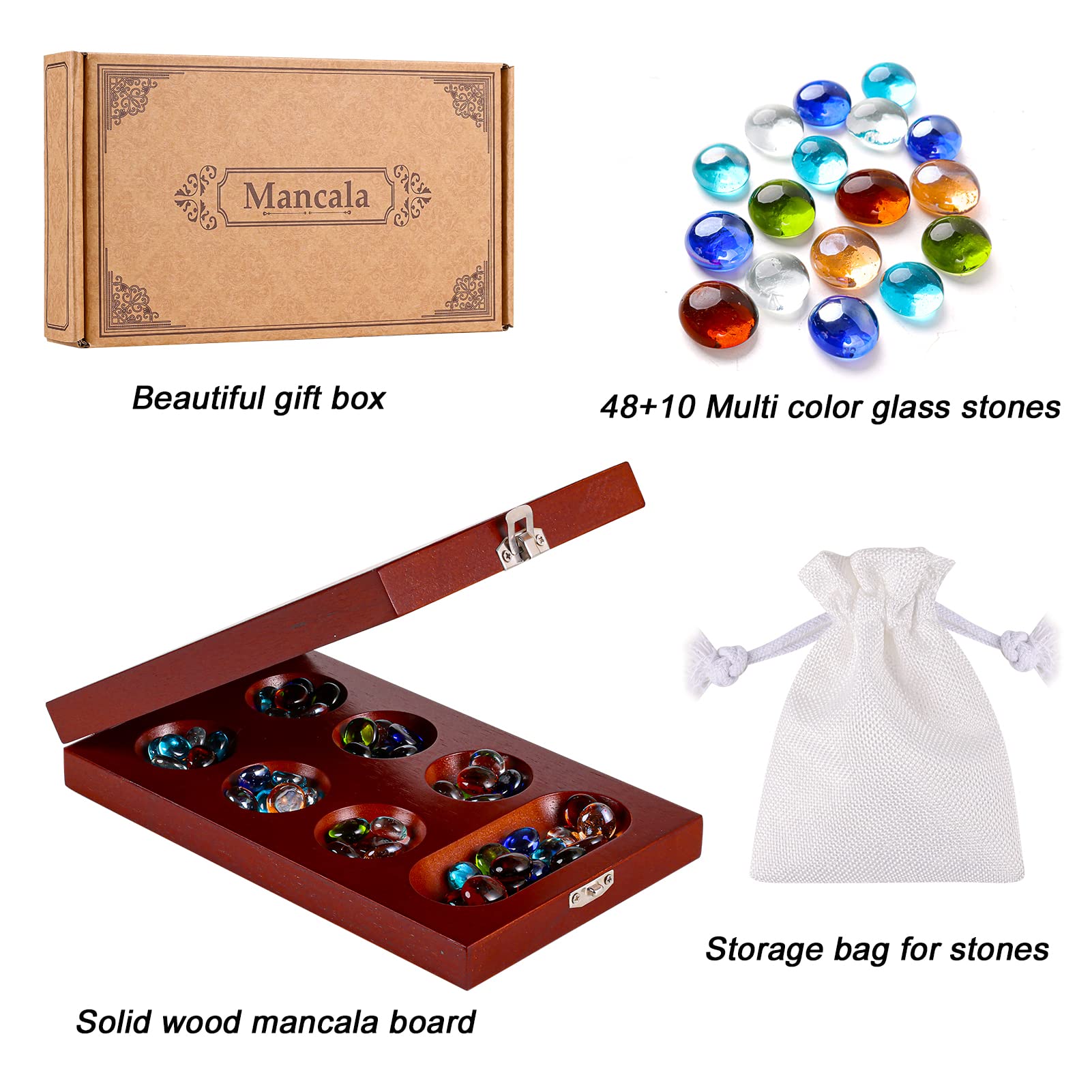 Ceebyfa Mancala Board Game for Kids, Adults & Family. Includes Folding Rubber Wood Board, 48+10 Colorful Mancala Stones & Instruction. Classic & Portable Marble Game for Travel