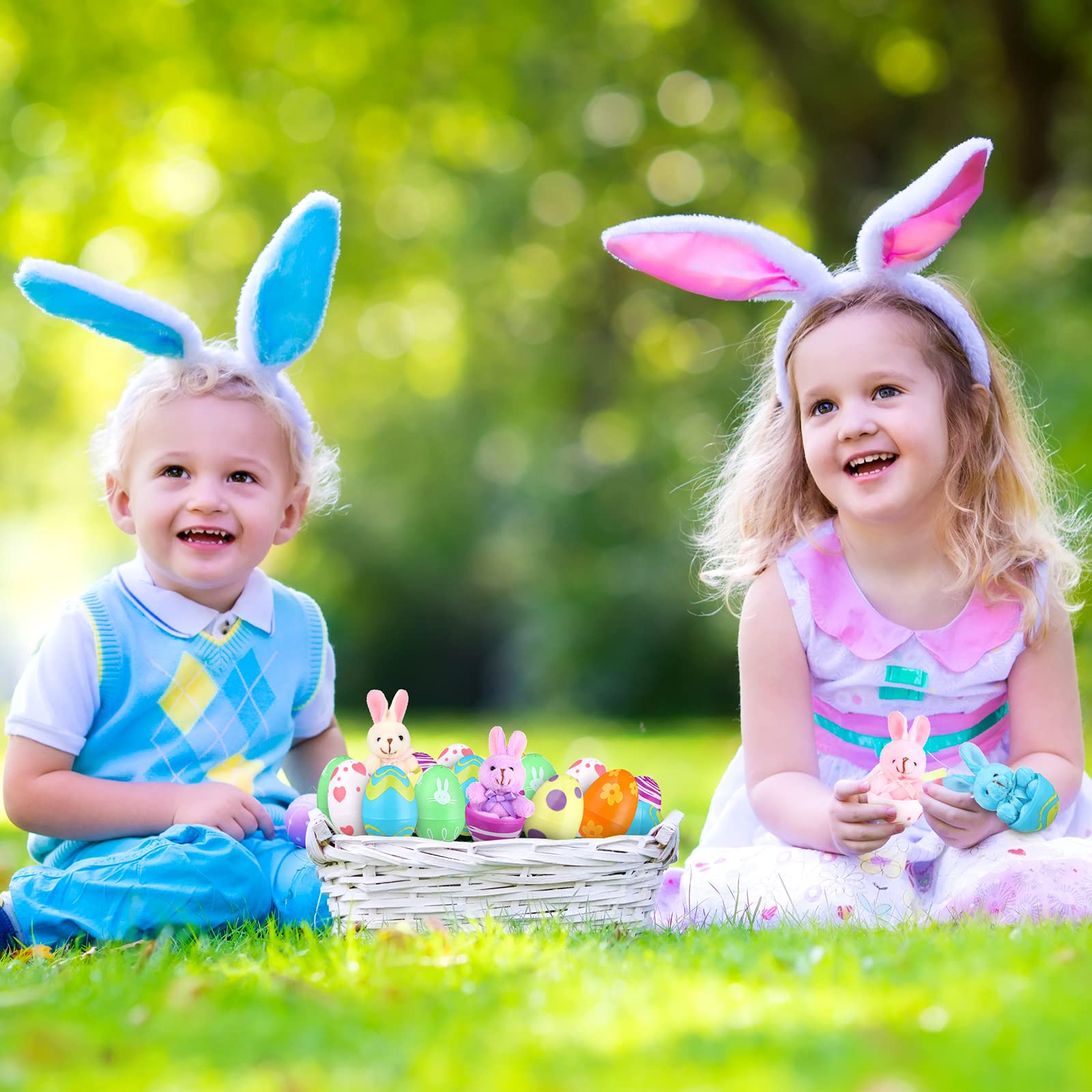 Sumind 48 Pieces Easter Eggs DIY Prefilled with Plush Animals, 3 Inch Plastic Easter Eggs with Stuffed Animals for Easter Party Hunt Game Basket Surprise Bunny Animal Toys(Bunny)