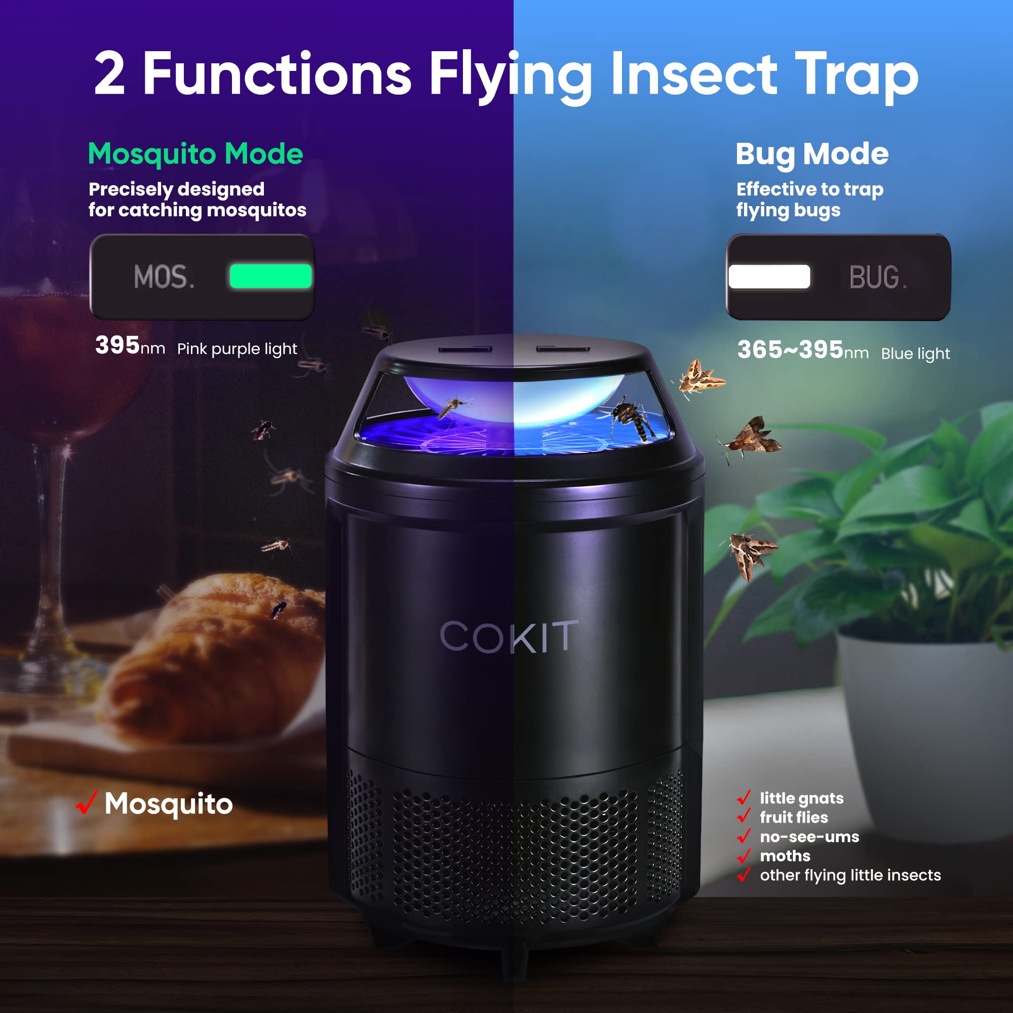 COKIT Indoor Insect Trap 2 Pack Fruit Fly Trap for Indoors Dual-Mode Bug Zapper Indoor Insect Trap with Suction, Bug Light & 6 Glue Boards Non-Zapper Traps for Mosquito, Gnat, Moth, Fruit Flies
