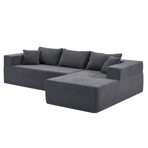 FANYE L-Shape Modular Sectional Sofa with Wide Left Chaise, Modern Living Room Sleeper Upholstered Foam Couch for Home Apartment, 2 PC Free Combination Higher Seat Cloud Sofa&Couch W/5 Pillows, Grey