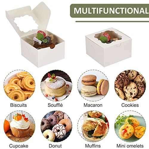 TOMNK 150pcs 4 Inch White Bakery Boxes Small Treat Boxes Cookie Boxes with 3 Style Windows Pastry Boxes Mini Dessert Boxes for Chocolate Strawberries Donuts and Party Favor 4x4x2.5 Inch