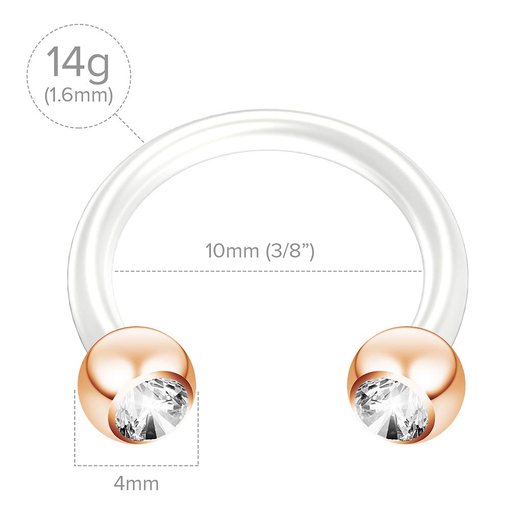 Bling Piercing 2pc 14g CZ Crystal Flexible Bioflex Circular Barbell Horseshoe Septum Ring Bioplast 10mm Rose